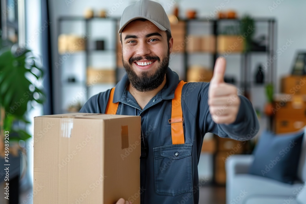 Embracing Change A Young, Smiling Moving Service Employee in Overalls ...