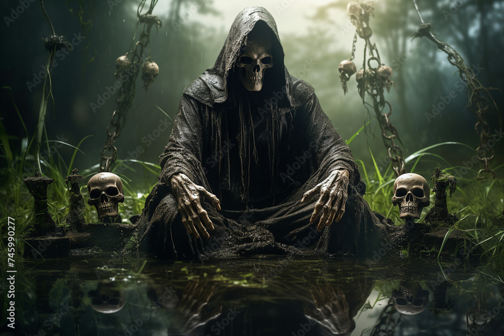 Scary dead personage zombie sitting on cemetery halloween night ...