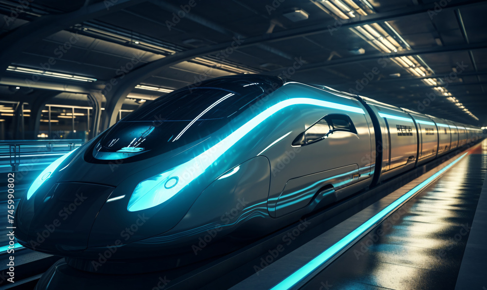 The image shows a futuristic express train moving at high speed through ...