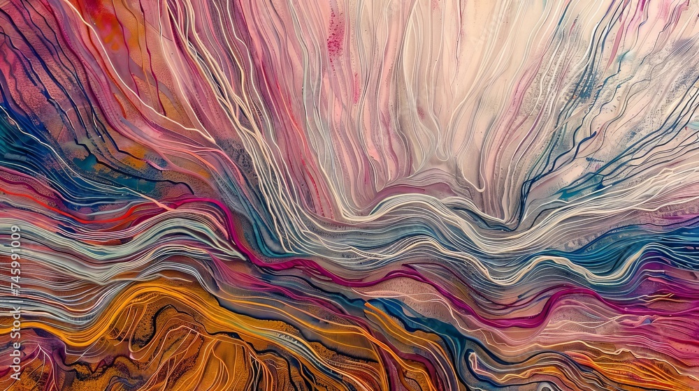 organic linework and fluid forms, using a vivid color palette to depict ...