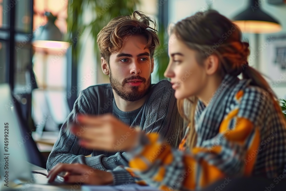 Bridging Ideas Male Programmer Engaged in a Thought-Provoking Discussion with Female Colleague ...