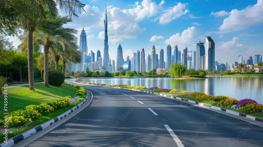 View of road highway with lake garden and modern city skyline in ...