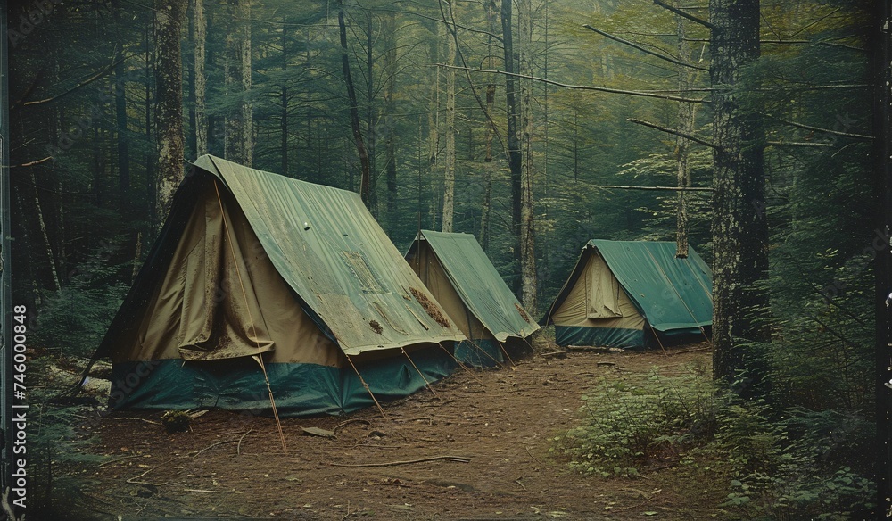 Three vintage canvas tents set up in a lush green forest exude a sense ...