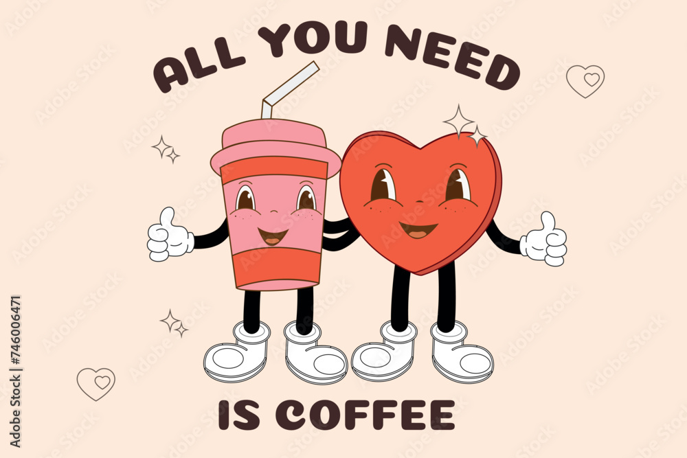 Vector retro coffee mascot in cartoon style. Vintage groovy characters ...
