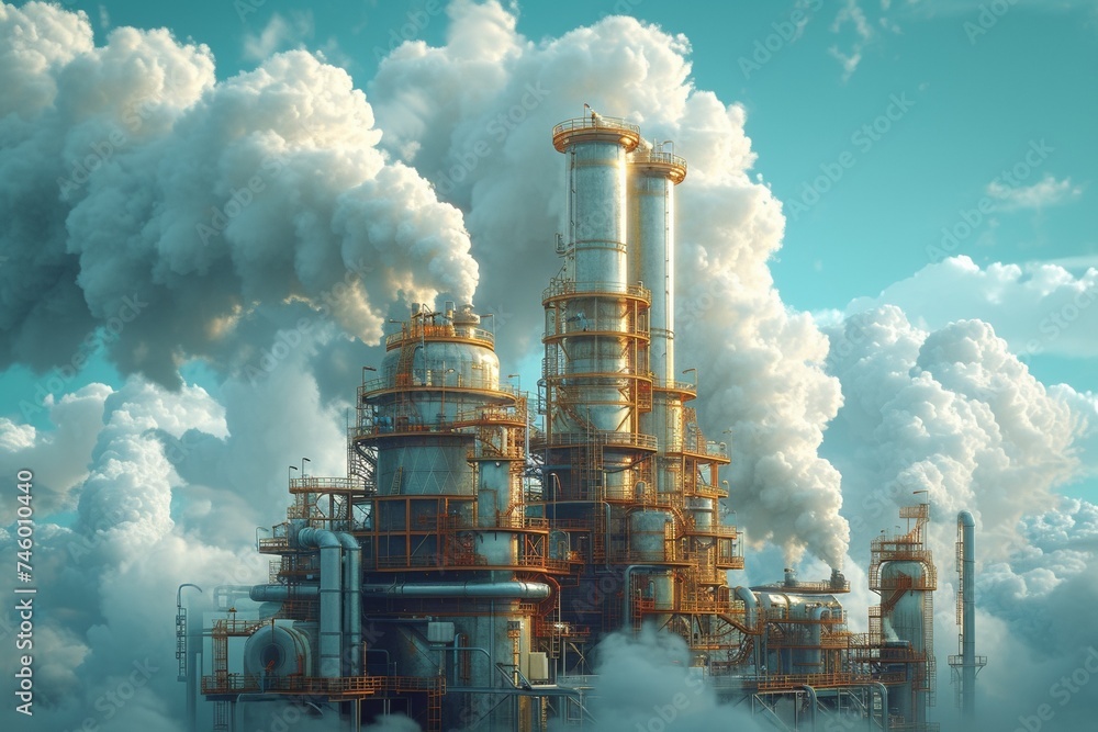 Amidst an industrial landscape, a refinery emits gases, symbolizing the ...