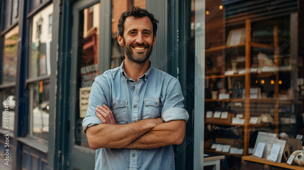 Confident Business Owner Standing Proudly in Front of LLC Storefront ...