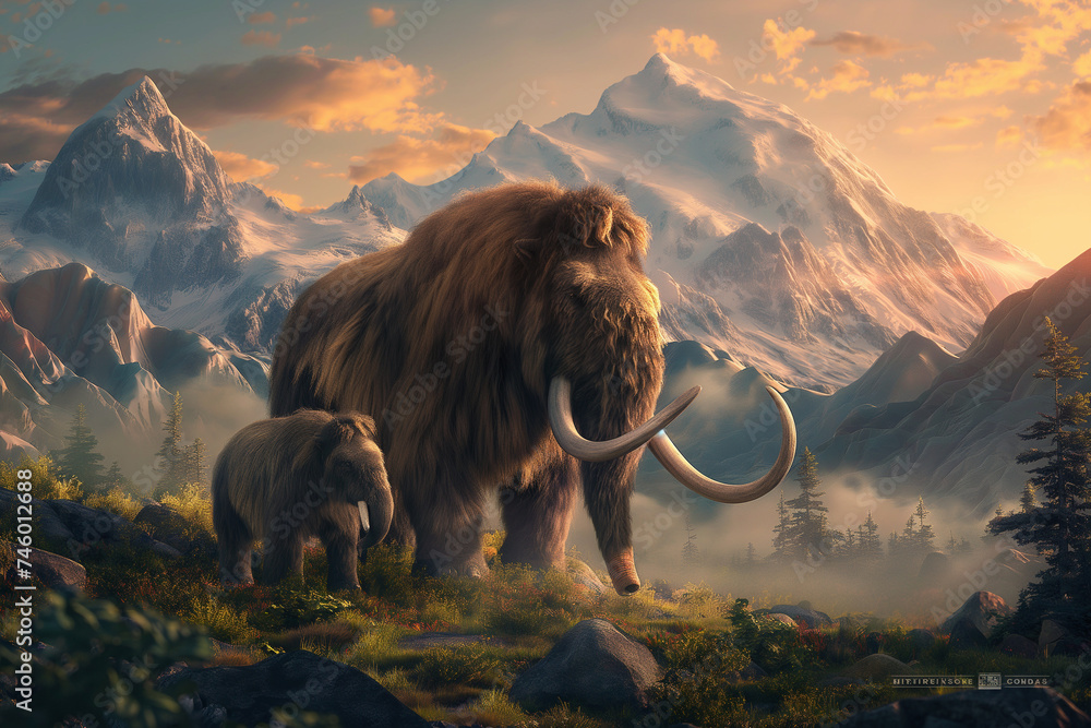 A Woolly Mammoth stands proudly beside her adorable calf in the midst ...