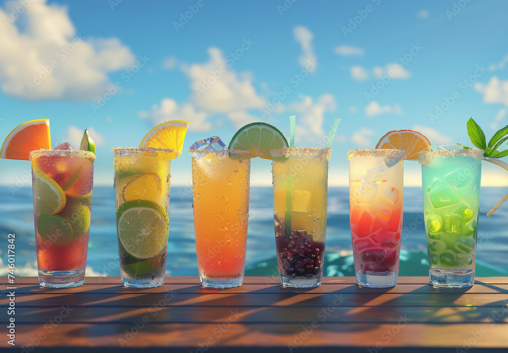 Grupo de vasos conteniendo coctel de zumos sobre superficie de madera ...