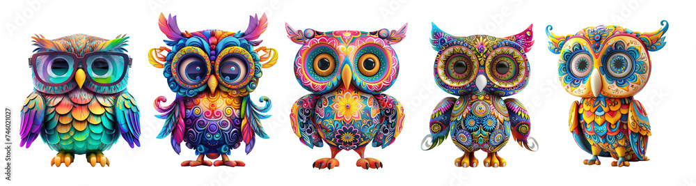 Cartoon colorful owl Isolated cutout on transparent background. Set of ...