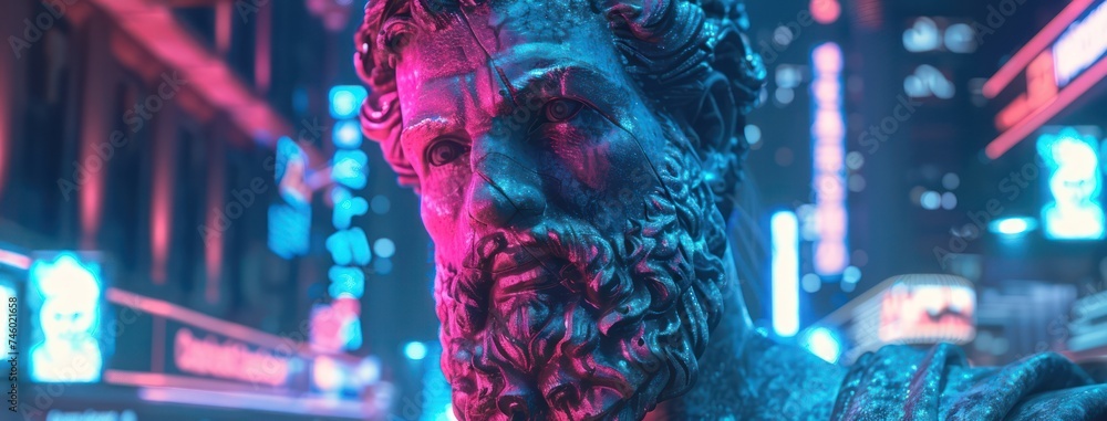 A Greek statue of Zeus in a bustling futuristic city rendered in a ...