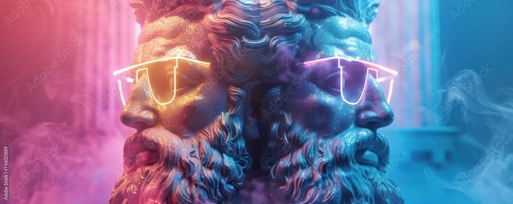 A Greek statue of Zeus in a bustling futuristic city rendered in a ...