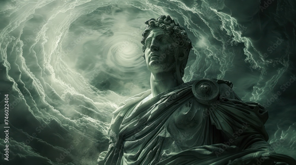 An intimate view of a Greek statue of Hades rising from swirling ...