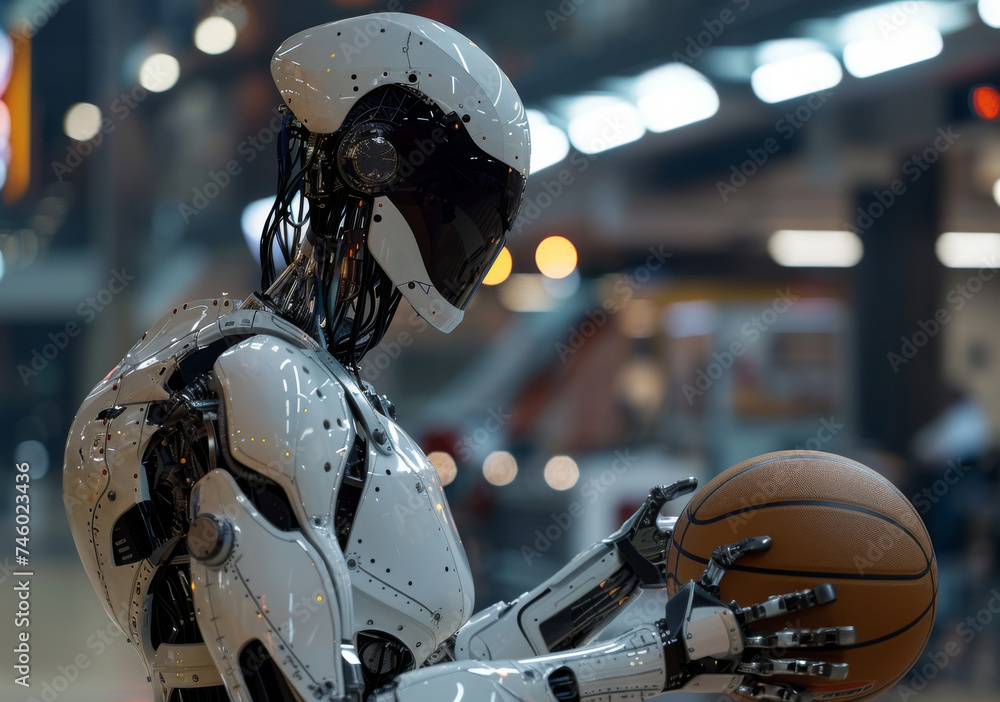 A sleek humanoid robot grips a basketball with precision mechanics ...