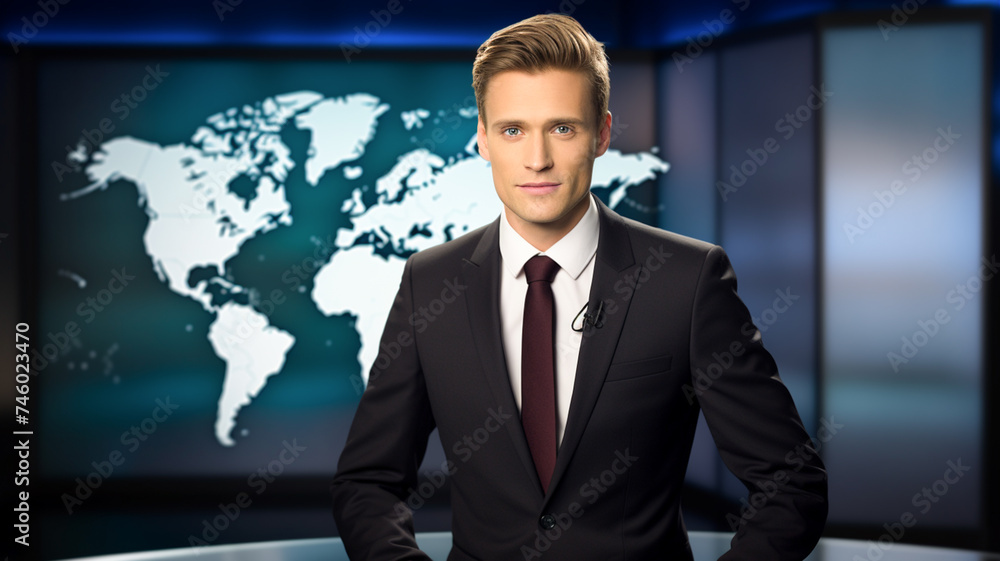 Portrait shot of young handsom tv news presenter on a popular channel ...