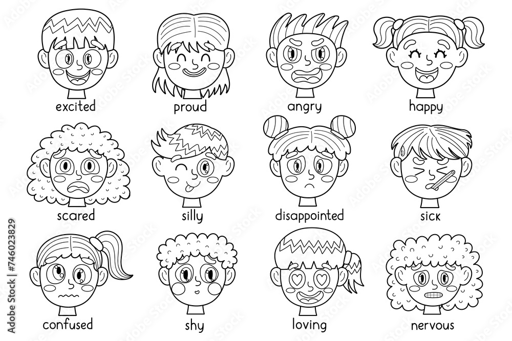 Cute kids emotions faces black and white collection. Different emotional expressions of children ...