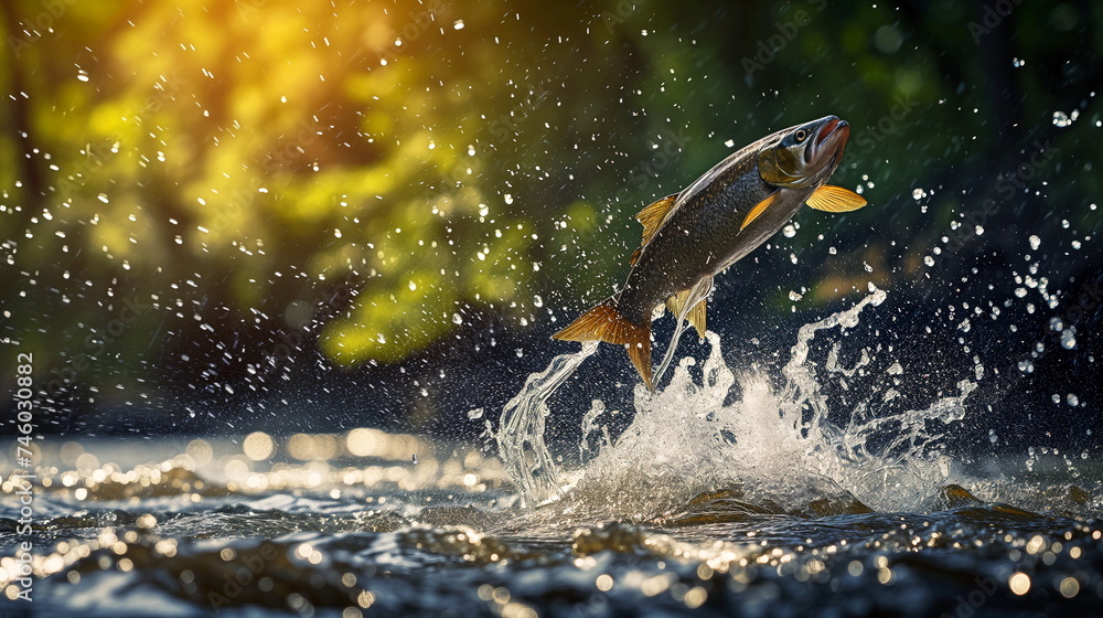 A trout breaks the surface of a forest stream, creating a dynamic ...
