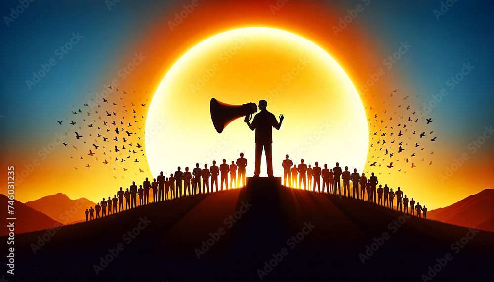Silhouette of a leader with a megaphone on a hill, addressing a crowd ...