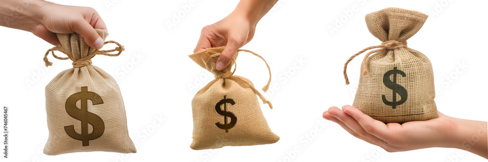 Set of cloth money bags in hands, side view, isolated on white or ...