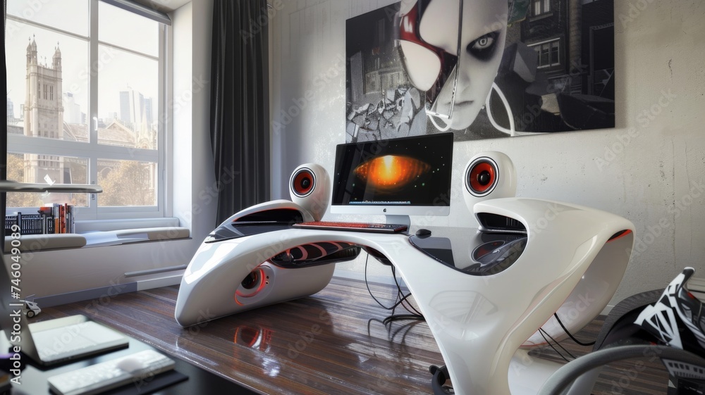 Futuristic office setup with wall art - A modern and sleek office ...