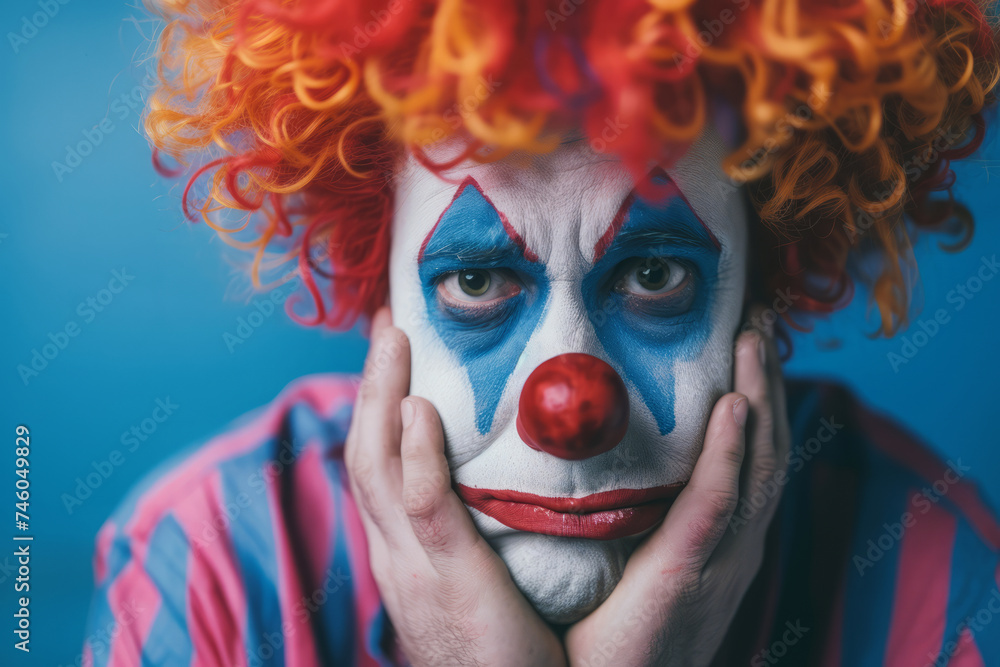 Upset clown in depression. Person with painted face staring into the ...