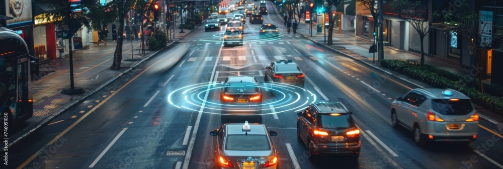 Autonomous car with safety sensors at night - Conceptual view of a self ...