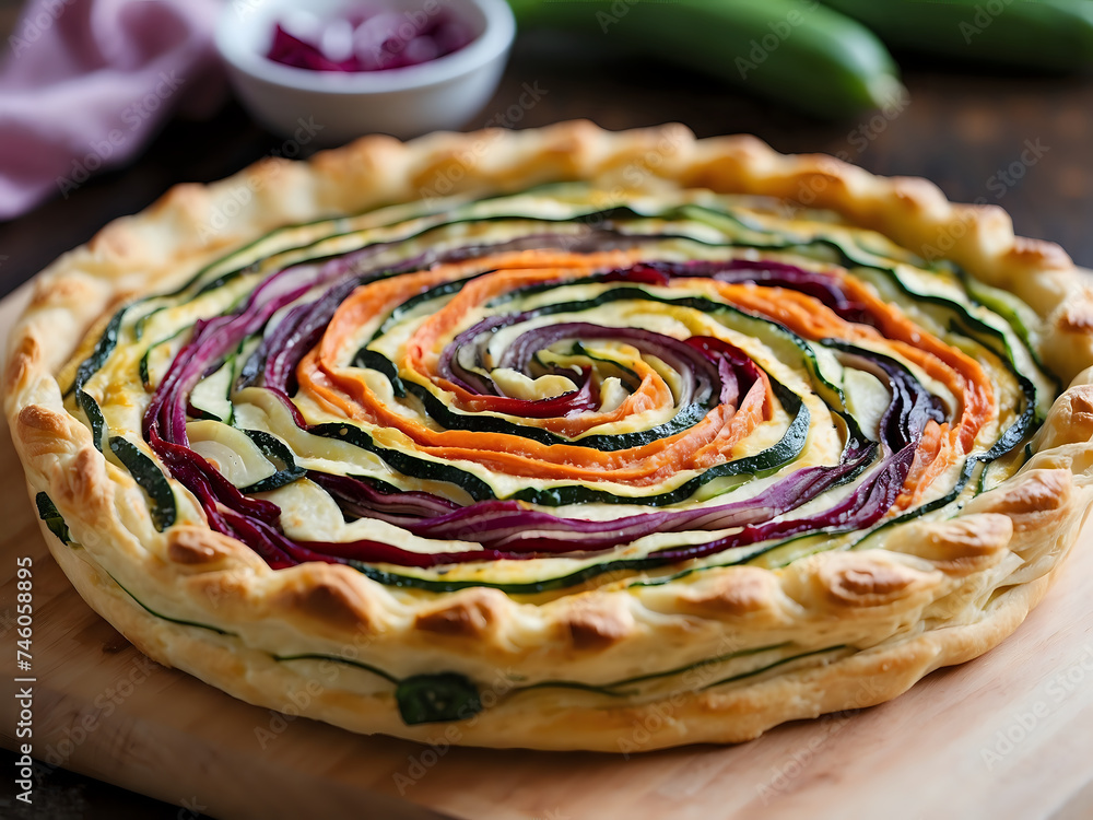 Vegetable quiche tart. Quiche tart with spiral-cut vegetables arranged ...