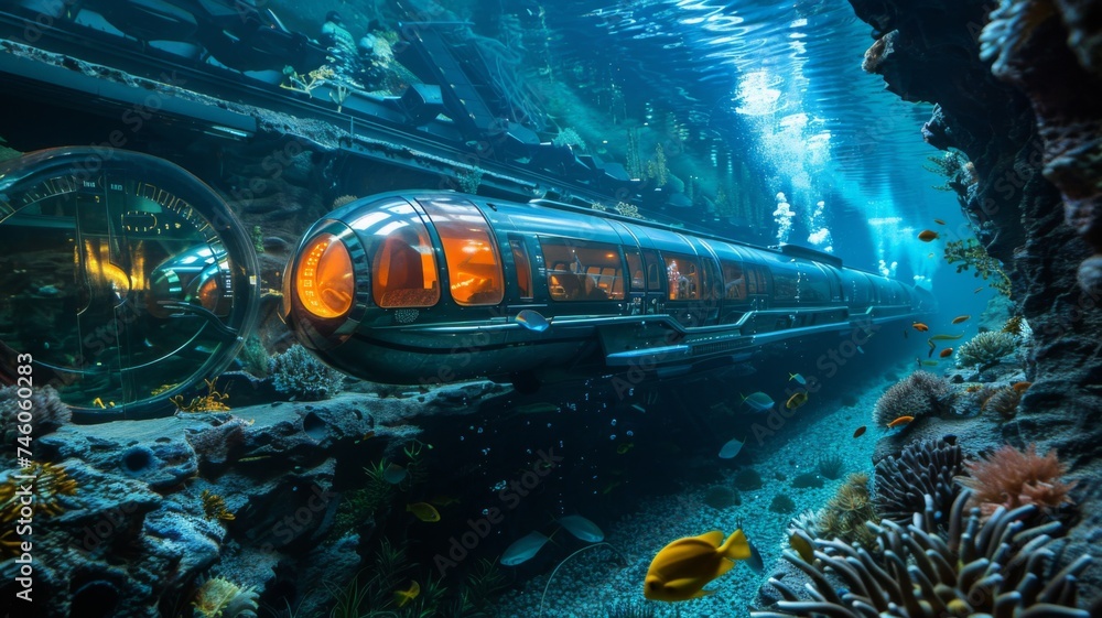 Underwater train cruising through a coral reef - Spectacular image of a ...