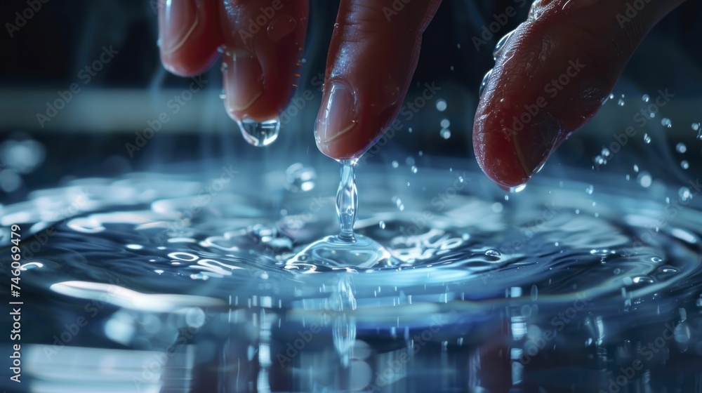 Fingers touching a water drop on a slide symbolize life purity in ...