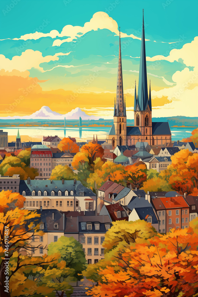 Illustration of the city of Bonn in Germany. For postcards, magnets ...