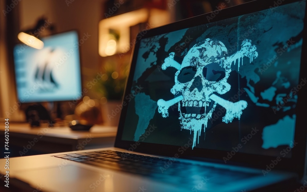 A dual-screen setup shows a dripping skull icon, evoking a strong message about cyber threats ...