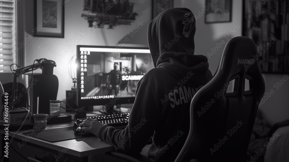 The scammer wears a hoodie in front of a computer generative ai art ...