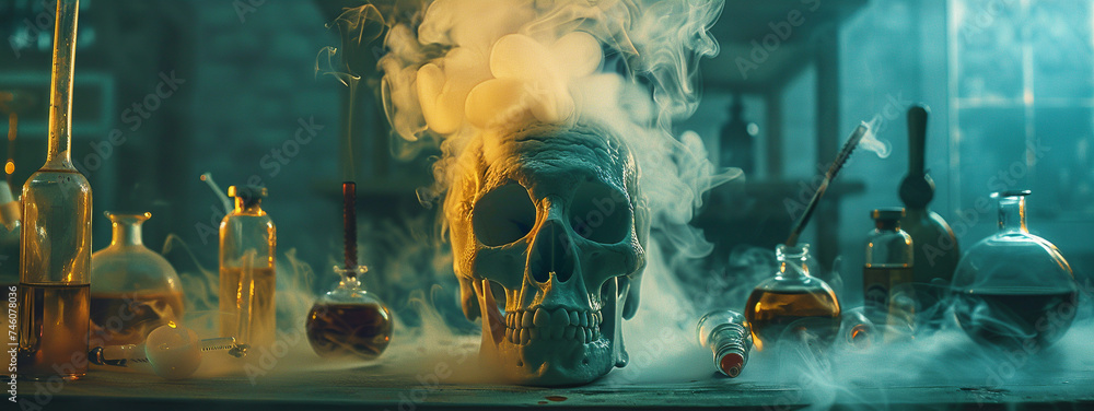 In a dimly lit laboratory a skull surrounded by vials of poison with ...