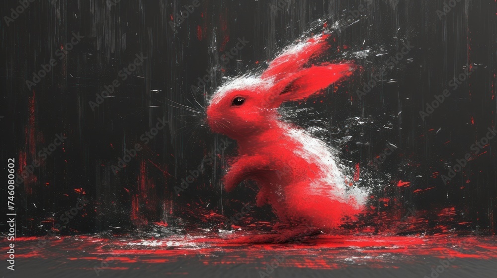 a painting of a red and white rabbit in a black and red room with red ...