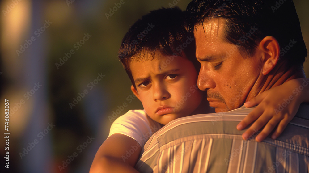 Young Latino Boy Hugging and Embracing Father with Sad Face and ...