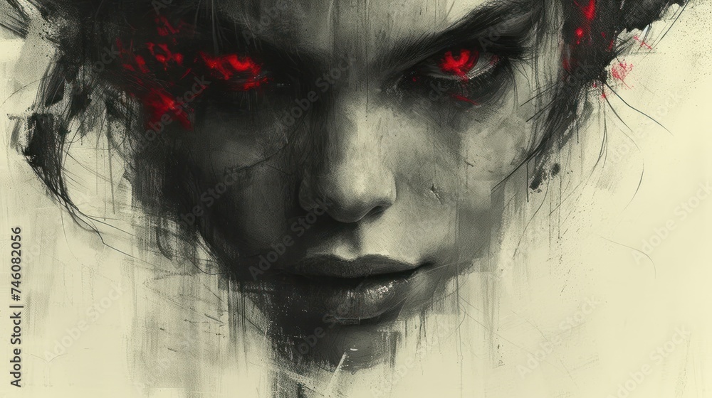 a digital painting of a woman's face with red eyes and blood splatters ...