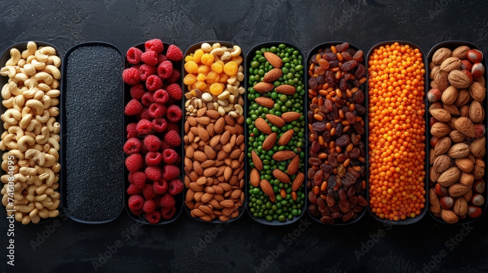 a row of trays filled with different types of fruits and nuts next to ...