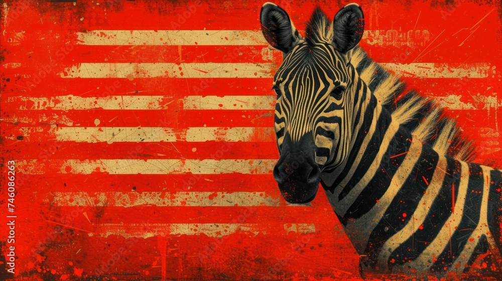 a zebra standing in front of a red and white wall with an american flag ...
