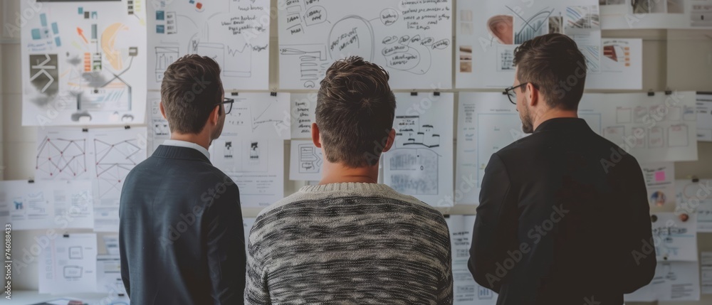 Business team gathered around a whiteboard, mapping out a strategic ...