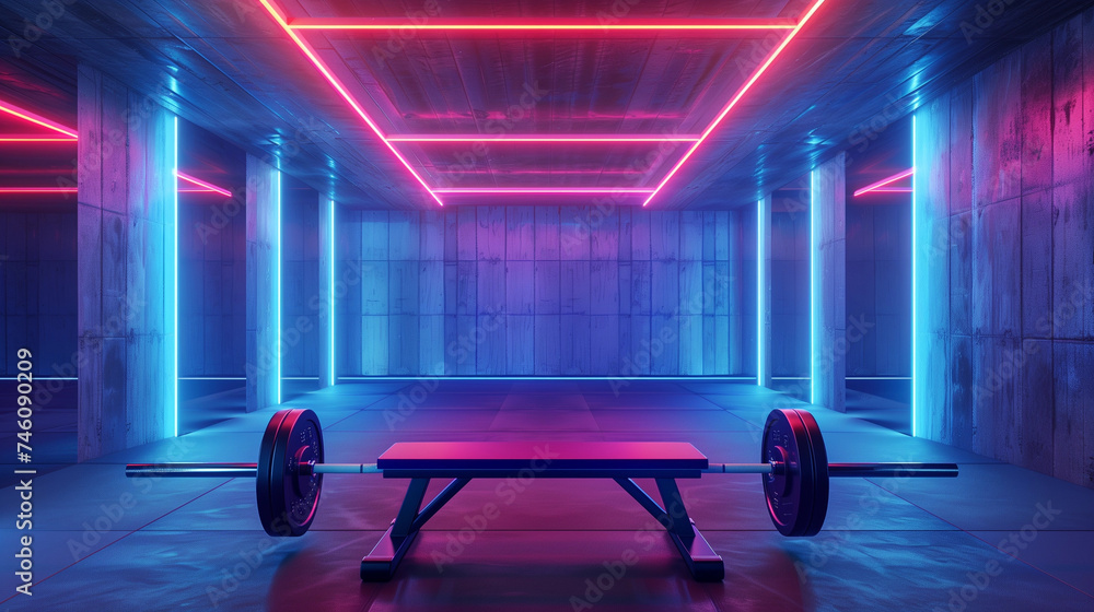 Features a sleek weightlifting setup with a bench and barbell in a ...