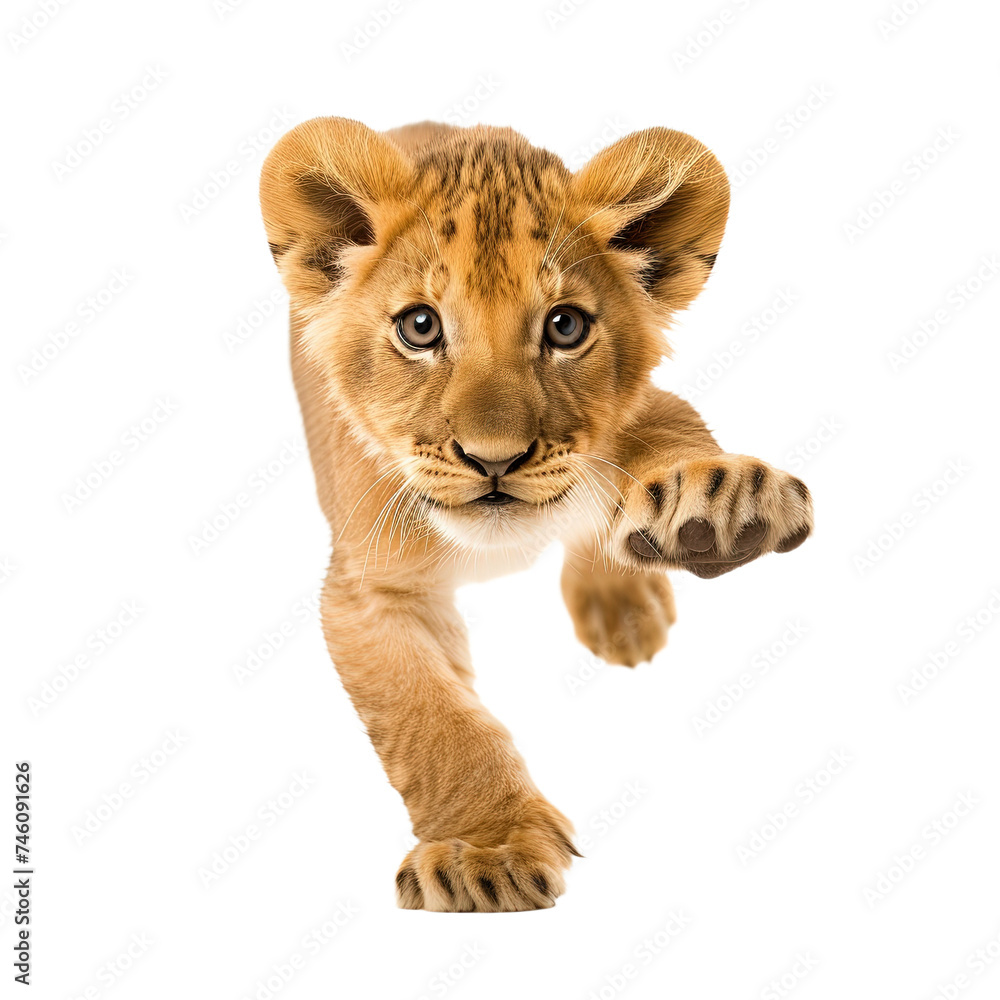 Cute lion cub jumping towards camera on white or transparent background ...