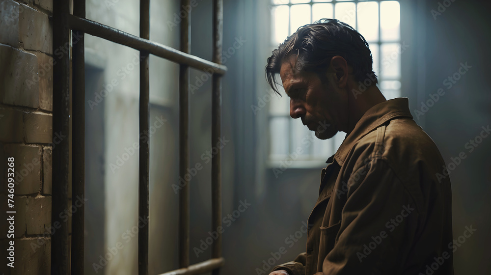 Portrait of man in prison cell, jail concept, locked behind bars ...