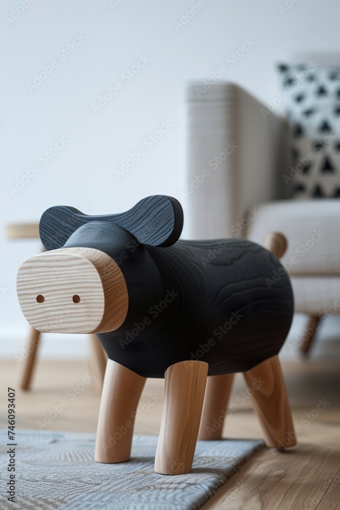 Wooden toy in the shape of a cow in varnish and semi-matte black. Toy ...