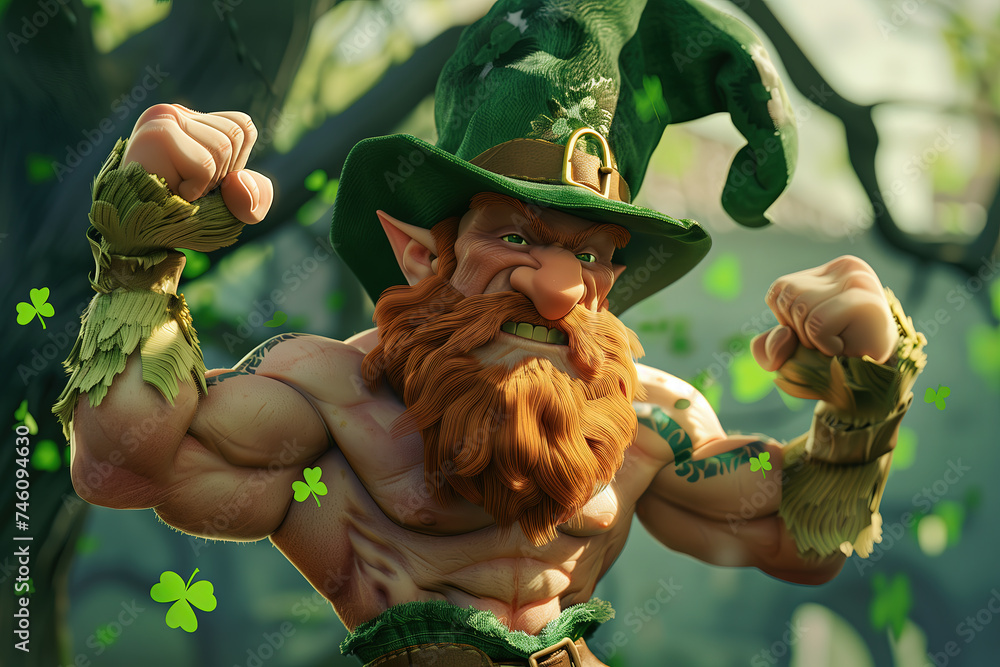 muscular leprechaun flexing his muscles, green shamrocks, cartoon art ...
