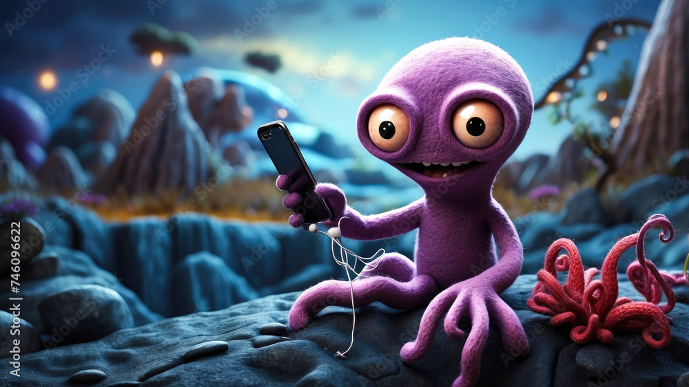 portrait of extraterrestrial felt puppet with big bulging eyes and a ...