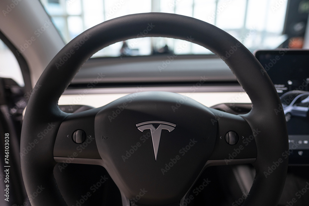 closeup steering wheel, Interior, cockpit of Tesla car model Y ...