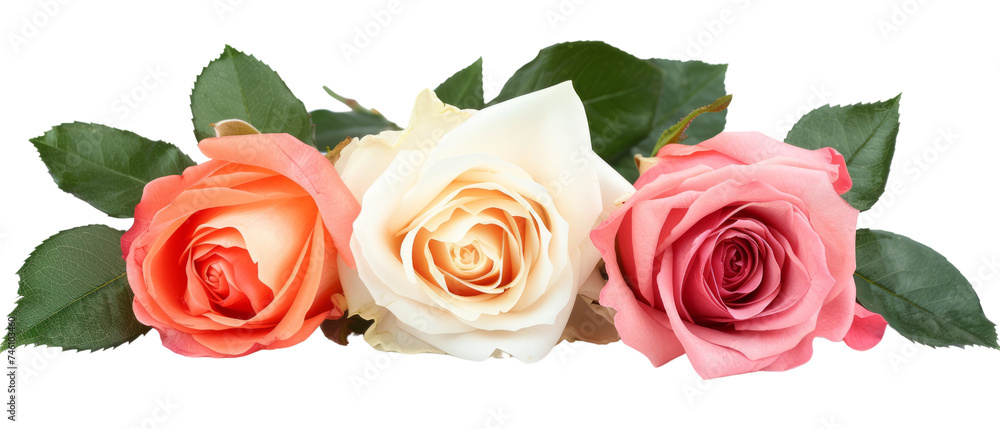 Three fresh pink and cream roses were isolated in a transparent ...