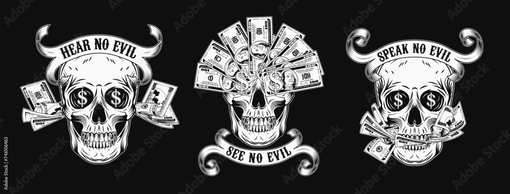 Labels with skull, cash money, 100 dollar bills, dollar sign, vintage ...