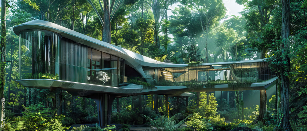 A modern, eco-friendly treehouse nestled among towering trees in a ...