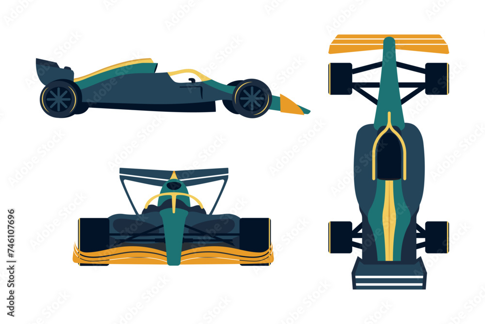 Three views of Formula 1 racing car - side, top, front. Transport of ...