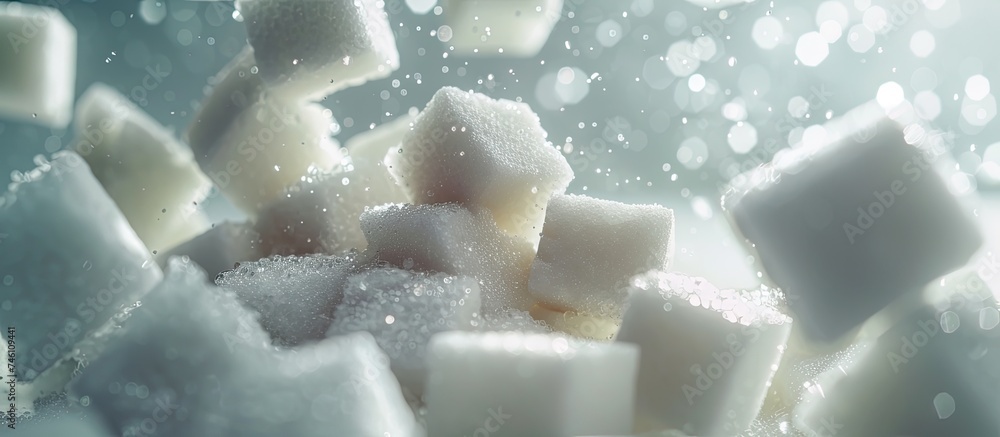 A collection of white sugar cubes neatly stacked on top of a tabletop ...